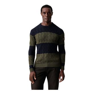 Hackett Pull &agrave; col rond en coton &agrave; rayures et maille torsad&eacute;e - Homme - Pulls - Multicolore - Taille: M