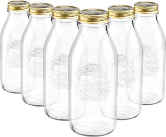Bormioli Rocco 6X 1L Quattro Stagioni Glasflaschen mit Schraubdeckel - Klar Wiederverwendbar Saft Wasser Smoothie Getränk Kühlschrank Lagerbehälter