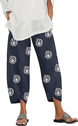 Minetom Femmes Pantalon Large Jambe Été Sarouel Pantalon Léger Taille Élastique Pantacourt avec Poches Casual Imprimé Jogging Sport Pants 7/8 Longueur F Bleu 