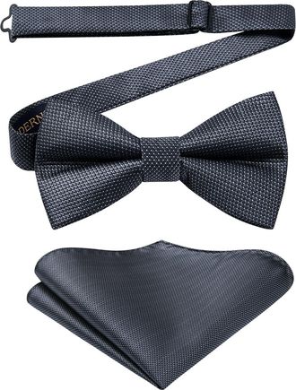 Hisdern Fliege f&uuml;r Herren Einfarbig Herren Grau Fliege mit Taschentuch Set Vorgebundene Fliege f&uuml;r Hochzeit Smoking