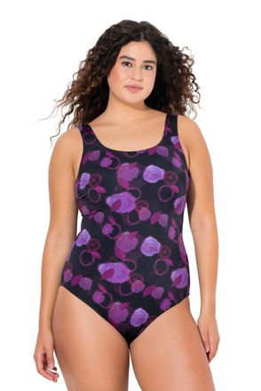 Ulla Popken Damen Alice, Softline, Blattfeuerwerk Badeanzug, Schwarz, 54-56 EU