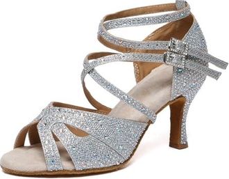 Miyoopark Chaussures de danse latine pour femme avec bride en strass - Sandales formelles de mariage, L602 argent&eacute; Talon 7 5 cm, 41.5 EU
