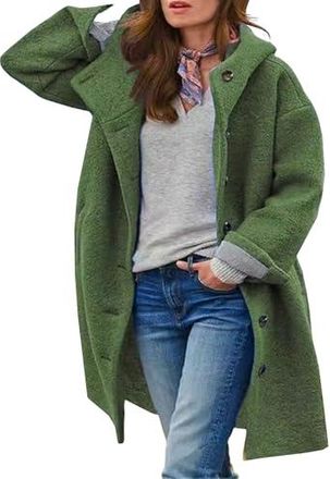 Generic Manteau long en laine pour femme, hiver, simple boutonnage, avec capuche, coupe ample, vert, taille M. Style d&eacute;contract&eacute;