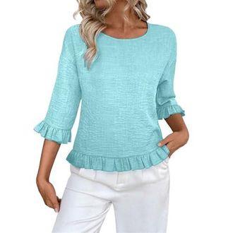 Generic Haut en lin &agrave; manches 3 quarts pour femme - Chemise d&eacute;t&eacute; respirante - Couleur pure - &Eacute;paules tombantes - Ourlet &agrave; volants - Confortable - En coton res