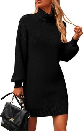 Zeagoo Robe Pull Femme Manche Longue Col Roulé Tricot Robes Hiver Chic et Elegant Moulante Mini Robe Noir XXL