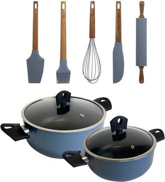 San Ignacio Set mit 2 Kocht&ouml;pfen &Oslash; 20 x 24 cm, mit Deckel aus gepresstem Aluminium, Blau + 5-teiliges Set aus Silikon und Holz NOIA San Ignacio