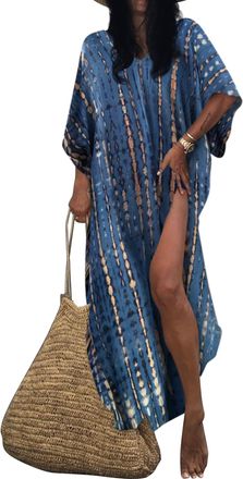 Bsubseach Damen Strandkleid Boho Strandponcho Plus Gr&ouml;&szlig;e Kaftan Sommerkleid Maxikleid Lose Maxi Kimono Kaftan Blau Druck