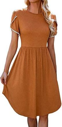 Generic Robes amincissantes unies pliss&eacute;es coupe ajust&eacute;e dentelle couleur genou manches robe dames longueur d&eacute;contract&eacute;e 2026, kaki, XL