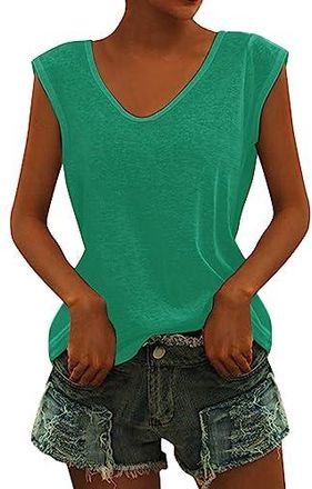 Generic Chemises tendance &agrave; manches courtes d&eacute;contract&eacute;es sans manches pour femme - Coupe ample - Col en V - Basique - &Eacute;t&eacute; 2025 - D&eacute;bardeurs solides pour sort