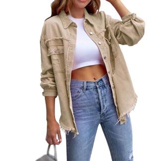 Generic Veste en jean surdimensionn&eacute;e &agrave; franges d&eacute;chir&eacute;es pour femme avec poche, kaki, XXL