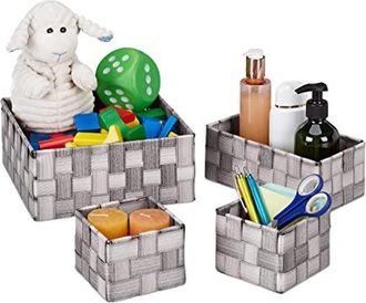 Relaxdays Aufbewahrungskorb, 4er Set, 3 Größen, Körbchen in Holzoptik, geflochten, für Schrank & Regal, Kunststoff, grau