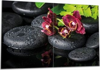 Wallario Herdabdeckplatte/Spritzschutz aus Glas, 2-teilig, 80x52cm, für Ceran- und Induktionsherde, Dunkelrote Orchideen-Blüte auf schwarzen Steinen mit Regent