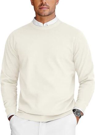 Coofandy Pull pour Homme Pull Tricoté col Rond Sweat à Manches Longues Hiver Chaud Pulls Décontractés Pullover Fin Sweatshirt sans Capuche Blanc S