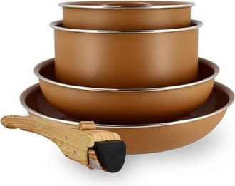 Menastyl Cuisson Batterie de Cuisine Amovible Empilable - Tous Feux Dont Induction - Revêtement Céramique Antiadhésif sans PFAS - Gamme Colorama - Couleur Noisette - 2
