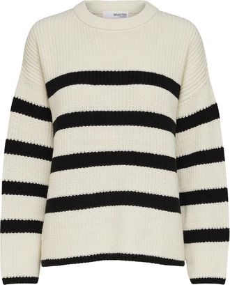 Selected Womens SLFBLOOMIE LS Knit O-Neck B NOOS Pullover, Snow White/Stripes:Black, L