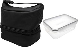 Nerthus Kitchenware FIH 1510 Thermo-Lunchbox schwarz mit luftdichtem Behälter 1 l, Lebensmitteltasche mit Doppelfach, isolierte Innenseite mit Griff, ideal für Arbeit und