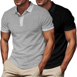 Generic Lot de 2 polos gaufrés à manches courtes pour homme, col boutonné, respirant, léger, Polo De Hombre Noir+Gris, S