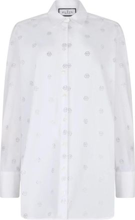 Philipp Plein Femme, Blouses et Chemises, Blanc, Taille: 42 FR Chemise Coupe R&eacute;guli&egrave;re Monogramme Cristal