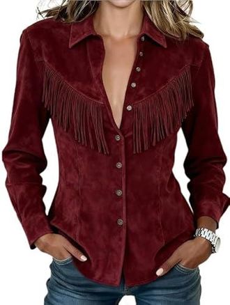 Generic Chemises western cowgirl en daim pour femmes, vintage, &agrave; manches longues, boutonn&eacute;es, coupe ajust&eacute;e, chemises &agrave; franges, hauts tendance, bordeaux, XL