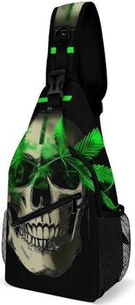 Generic Sacoche Tactique Cr&acirc;ne mignon, feuilles de mauvaises herbes, feuilles vertes et noires Mode Sacs Poitrine Casual Sling Sac &agrave; Dos pour Cyclisme Homme C