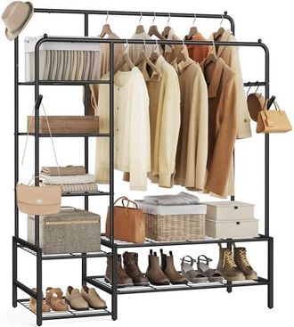 Songmics Portant à Vêtements, Armoire Penderie Ouverte, Porte-manteau avec 7 Étagères, Cadre en Métal, Tringles, pour Chambre, Salon, Entrée, Noir HSR182B01