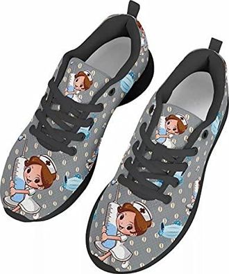 CHAQLIN Dessin animé infirmière Chaussures de Course pour Femmes Hommes, Baskets Grises Chaussures de réveil de Course en Plein air légères, Taille 38 EU