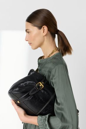 Gerard Darel Robe midi en satin &agrave; smocks - RUBIE - Vert Kaki