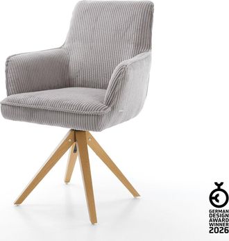 DELIFE Drehstuhl Heira-Flex mit Armlehnen Cord Silbergrau Holzgestell kantig Natur 180&deg; drehbar Taschenfederkern, Esszimmerst&uuml;hle