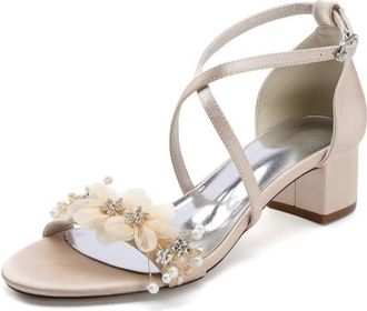 Generic Chaussures De Mariage Femmes Satin&eacute;e Chunky Heels Talon Ouvert Bout Talons Bas Sandales Mari&eacute;e Bureau Travail Soir 4.5Cm,Champagne,40 EU