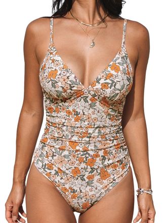Cupshe Damen Badeanzug V Ausschnitt Bauchweg Raffungen Triangelk&ouml;rbchen Blumenmuster Einteilige Bademode Swimsuit Gelb mit Blumenmuster XL