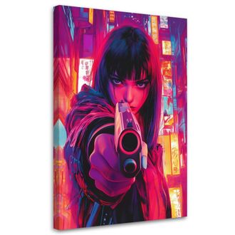 Feeby Leinwandbild - Bilder Wohnzimmer - Frau mit Pistole Cyberpunk - 40x60 1tlg - Deko Schlafzimmer - Wanddekoration - Aesthetic - Gro&szlig; Moderne Bild - Foto