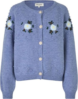 Lollys Laundry Femme, Pulls, Bleu, Taille: 46 FR Gilet Tricoté Bleu Melange avec Détails de Fleurs