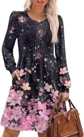 Generic Mini robe gaufr&eacute;e de style boh&egrave;me &agrave; manches longues et col rond - Robe d&eacute;contract&eacute;e fluide avec poches lat&eacute;rales - Douce et extensible - Confortable -