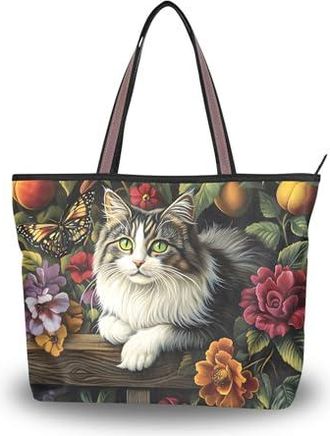 Alaza Grand sac fourre-tout, sac à bandoulière pour femme, sac à main décontracté de grande capacité, chat gris sur la clôture de jardin, sac de courses ave