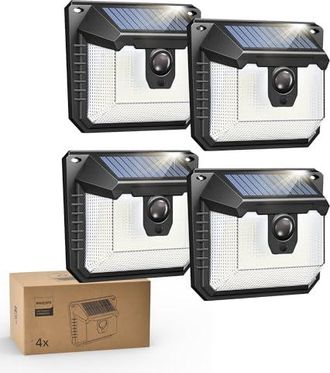 Philips Lampe Solaire Ext&eacute;rieur avec D&eacute;tecteur, 120 LEDs S&eacute;curit&eacute;, 3 Modes, &Eacute;tanche pour Jardin Cl&ocirc;ture Garage Lot de 4