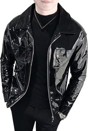Generic Hommes Brillant Zipper PU Outwear Veste Homme Mode Revers Cuir Verni Manches Longues Retro Biker Blazer, Noir, 3XL