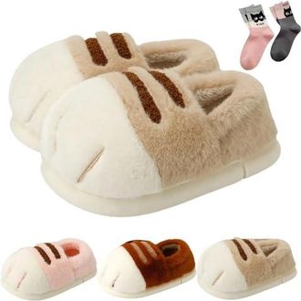 Generic Pantoufles en forme de patte de chat pour femme, mignonnes et amusantes en 3D avec motif patte de chat, chaussons chauds et moelleux, chaussures dhive