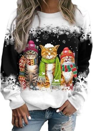 Onsoyours Femme Printemps Automne Pull 3D Chat Imprimé Sweatshirt Top Manches Longues Col Rond T Shirt Léger Casual Sweat Blouse Pullover E Noir L