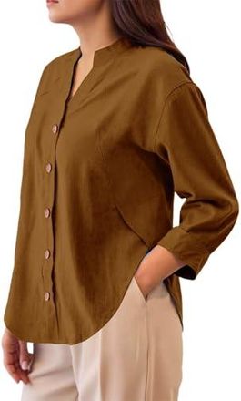 Generic Chemises en lin pour femme, chemisiers en coton et lin pour femmes, chemises d&eacute;t&eacute; en coton avec col en V, boutons, manches longues, chemisier respiran