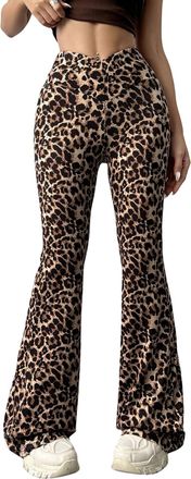SOLY HUX Damen Hosen Elegant Schlag Leggings Leoparden Flarehose Hohe V Taille Freizeithose Figurbetonte Schlaghose Yogahose Herbst Outfit Leoparden M