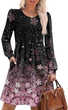 Generic Robe boh&egrave;me pour femme, mini robe &agrave; manches longues, col rond, robe trap&egrave;ze d&eacute;contract&eacute;e, fluide avec poches lat&eacute;rales, robe moulante formelle en tric