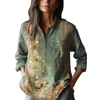 Generico Chemise Femme d&Eacute;t&eacute; Curvy Manches Longues Blouse en Lin Coton D&eacute;contract&eacute; Grande Taille Chemises Col en V Classique T Shirt Vintage Imprim&eacute; avec Bouton