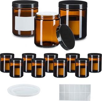Relaxdays Salbentiegel, 12er Set, 240 ml, Braunglas, Tiegel mit Schraubdeckel, Abdeckscheiben, Etiketten, braun/schwarz