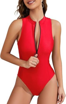 SHEKINI Maillot de bain une pi&egrave;ce sportif &agrave; fermeture &eacute;clair pour femme, col haut, rashguard sans manches, Rouge, XL
