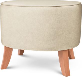 MG Design Ovaler Samt-Hocker 52 x 62 cm in Beige mit Holzbeinen - Gepolsterter Fu&szlig;hocker f&uuml;r Wohnzimmer oder Schlafzimmer