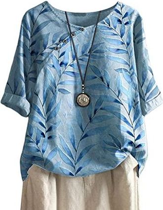 ORANDESIGNE Blouse en Lin Femme Manches Courte T-Shirts Hauts Vrac Lin Chic Grand Taille Retro Mode Tops Col Rond Blouses Chemisiers Casual Shirts Vintage Chemise