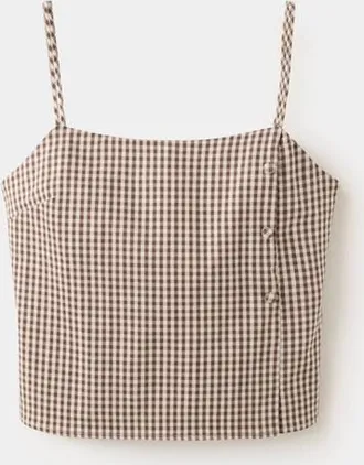 Mango Top boutons &agrave; carreaux vichy marron - Femme - XXS - MANGO