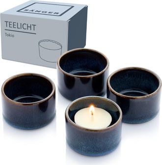 Sänger | Teelichthalter Tokio 8 tlg, Windlicht Glas aus Steingut inkl. Teelicht, Handmade Teelichtgläser mit Windlichtern, Kerzengläser Dunkelblau mit Schwar