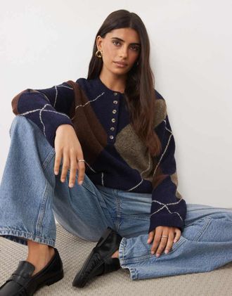 Nobody's Child Henley-Pullover in Wollmix mit Kragen-Detail, Rippb&uuml;ndchen und Argyle-Muster in Marineblau-Multi