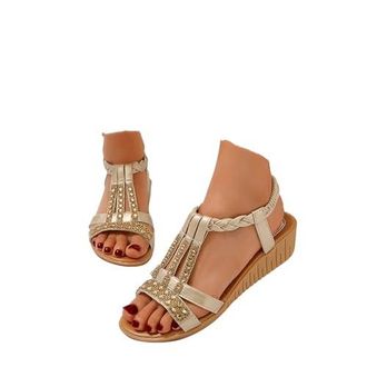 Generic Sandales compens&eacute;es pour femme 2026, strass scintillants, bride en T, sandales plates &agrave; bout ouvert, sandales orthop&eacute;diques habill&eacute;es avec sangle de c